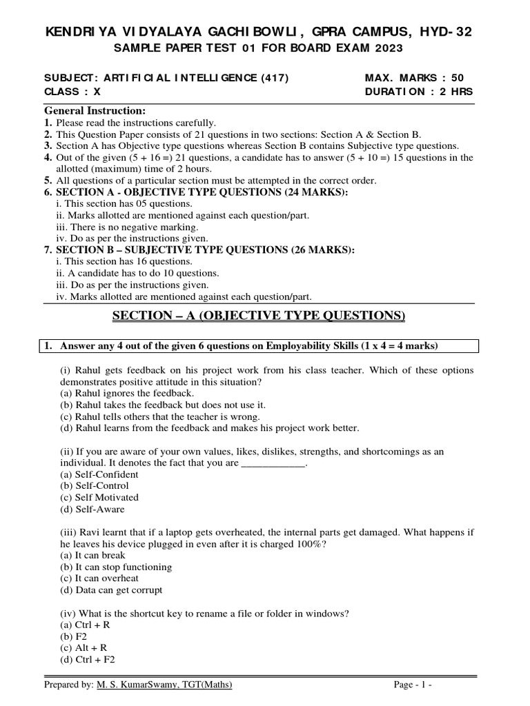 Artificial Intelligence 417 Class X Sample Paper Test 01 For Board Exam ... Artificial Intelligence 417 Class X Sample Paper Test 01 For Board Exam ...