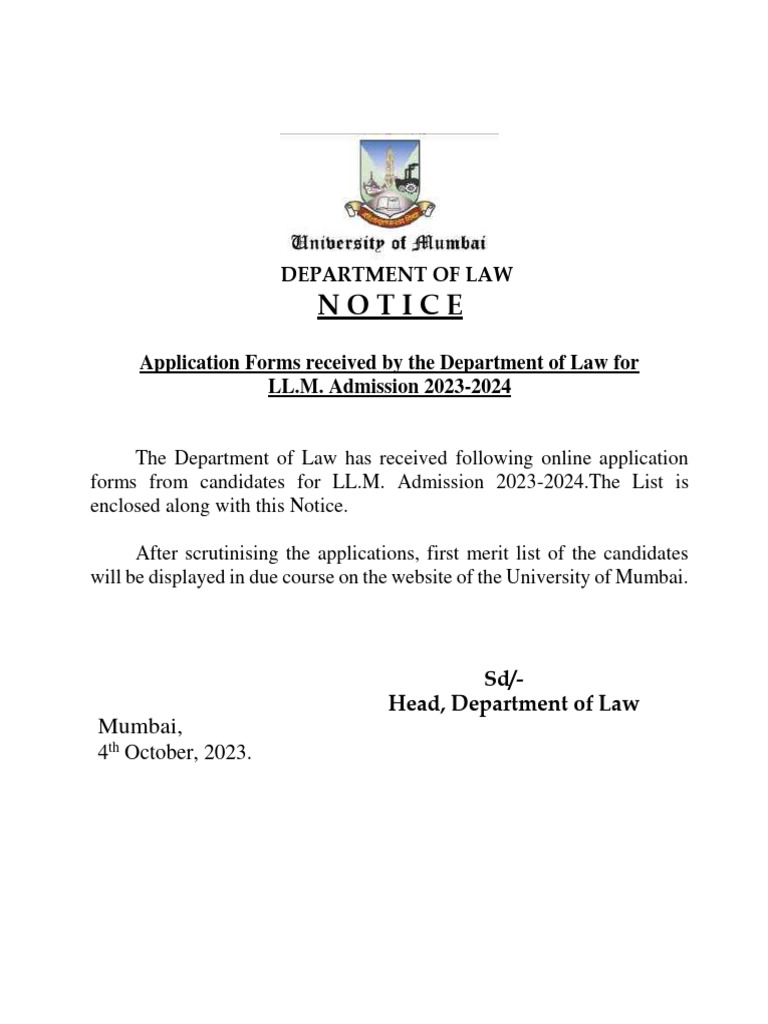 Application Forms Received by The Department of Law For LL.M. Admission ...