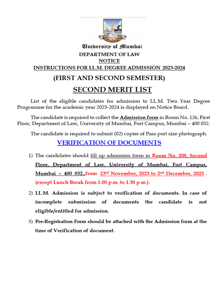 Notice Document Verification LL.M. Second Merit List 2023 2024 | PDF ...