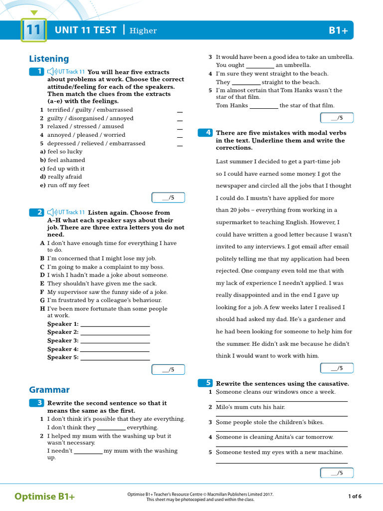"Optimise B1+ Unit 11 Higher Test" | PDF