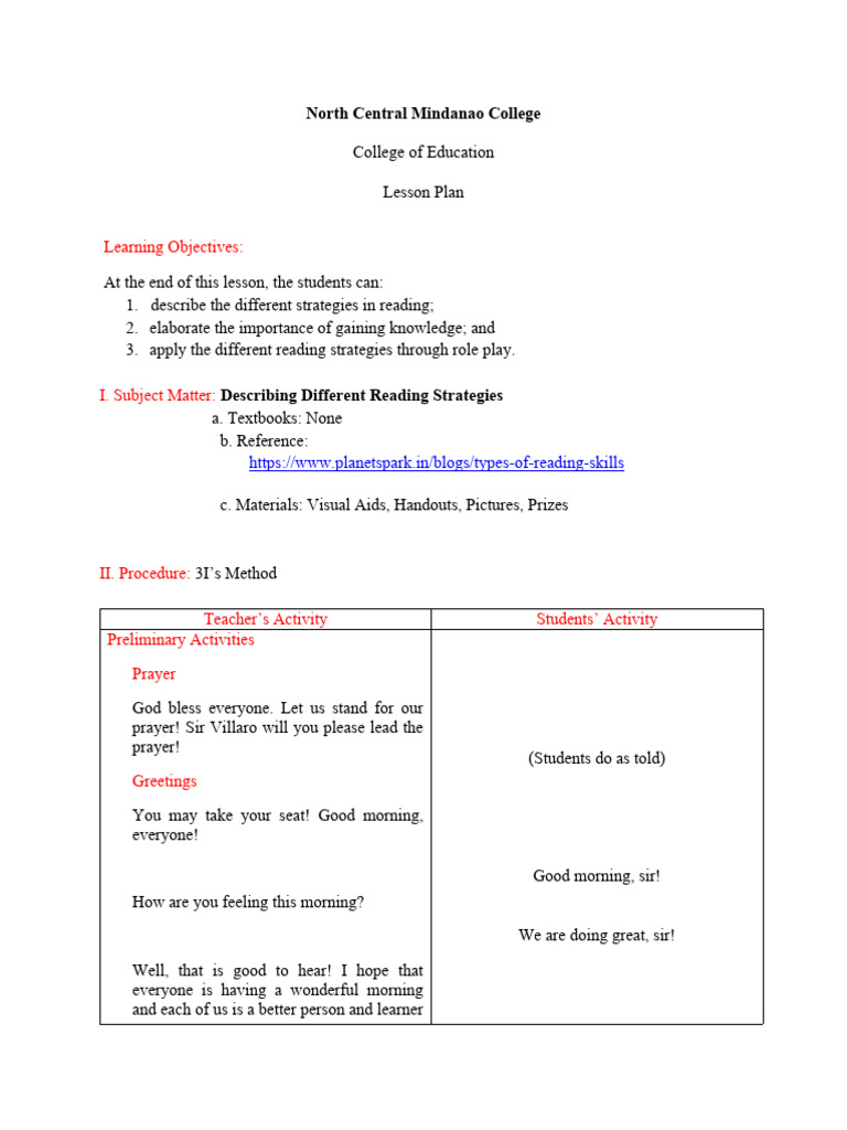 Lesson Plan Reading | PDF | Reading Comprehension | Speed Reading