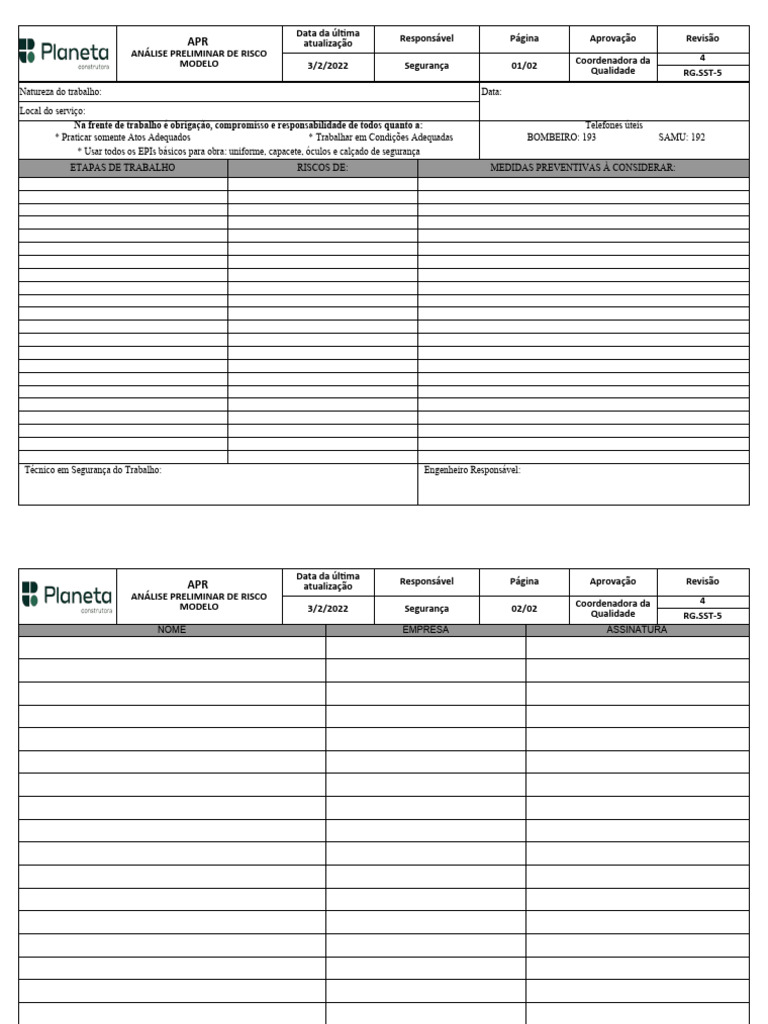 Modelo Análise Preliminar de Risco RG - SST-5 R03 | PDF