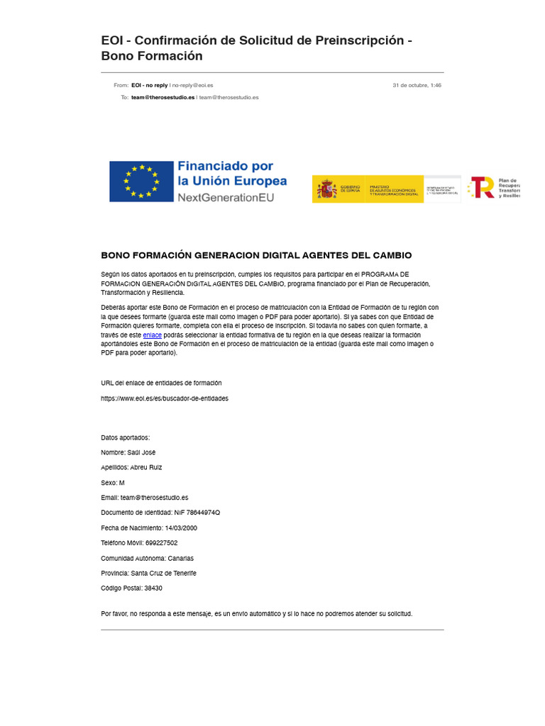 EOI - Confirmación de Solicitud de Preinscripción - Bono Formación | PDF | Negocios | Ciencias ...