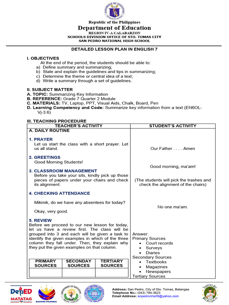 Summarizing Key Information Lesson Plan | PDF | Information | Cognitive ...