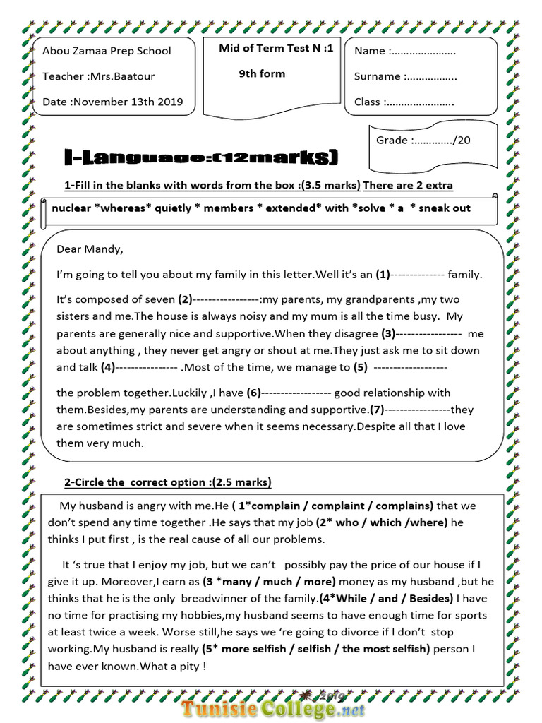 Devoir de Contrôle N°1 - Anglais - 9ème (2019-2020) Mme Sarah Baatour | PDF