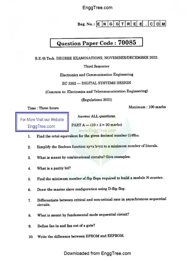 EC3352 Digital Systems Design Nov Dec 2022 Question Paper Download | PDF