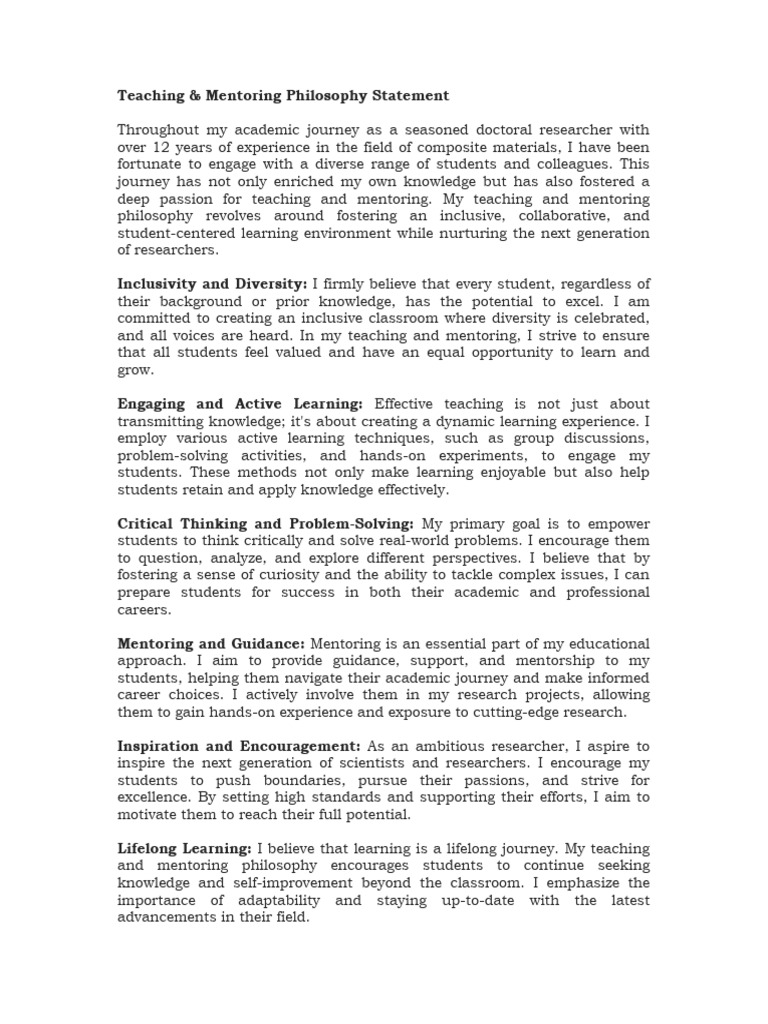 Teaching & Mentoring Philosophy Statement | PDF | Mentorship | Learning