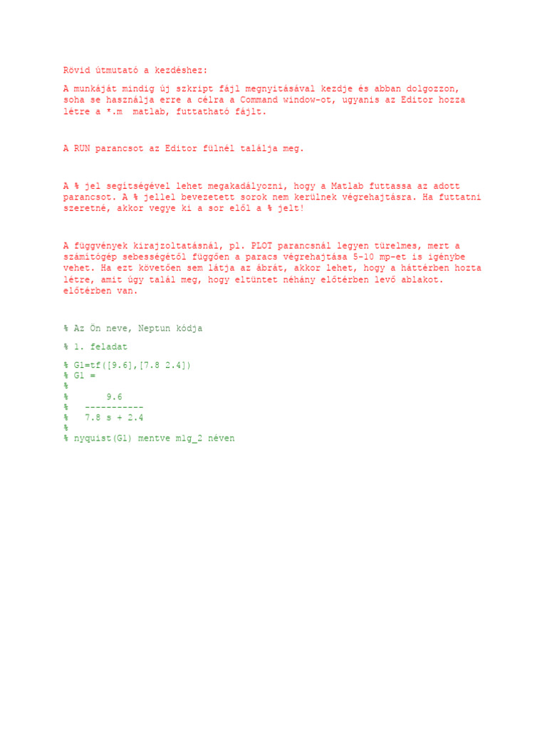 Matlab 1 Jegyzőkönyv Minta | PDF