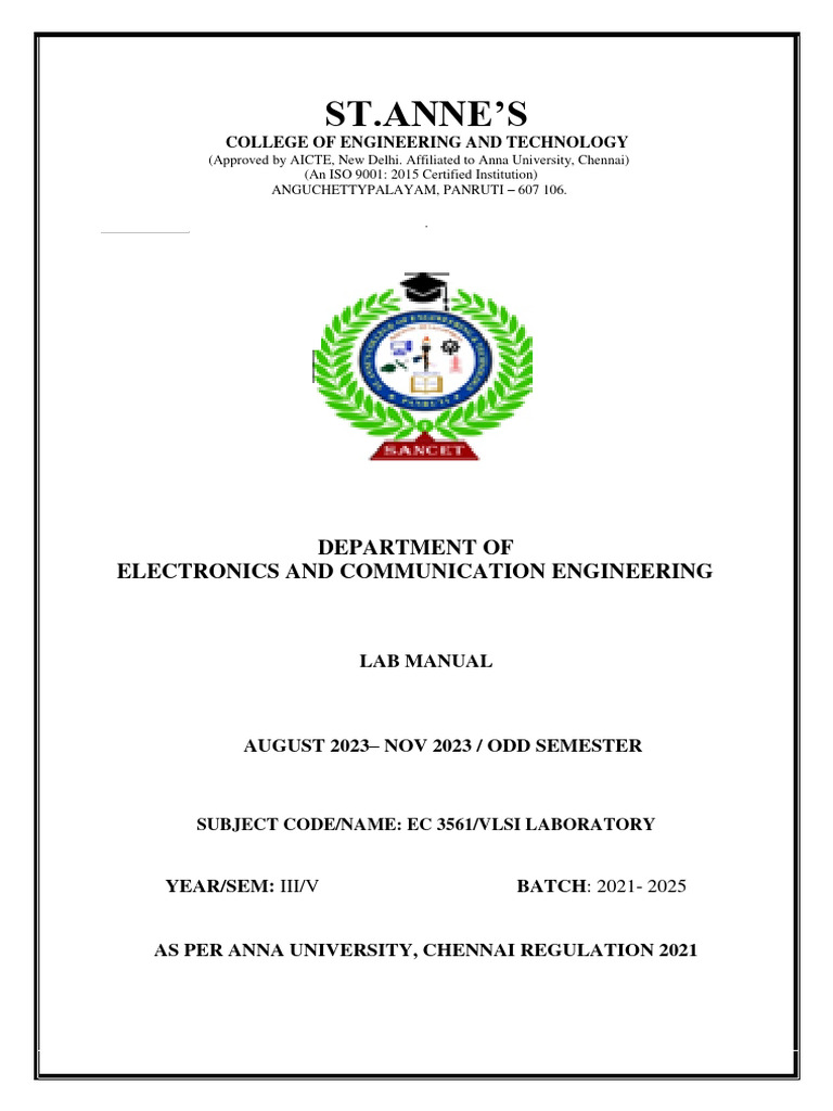 Ec3561-Vlsi Laboratory | PDF | Field Programmable Gate Array | Logic Gate