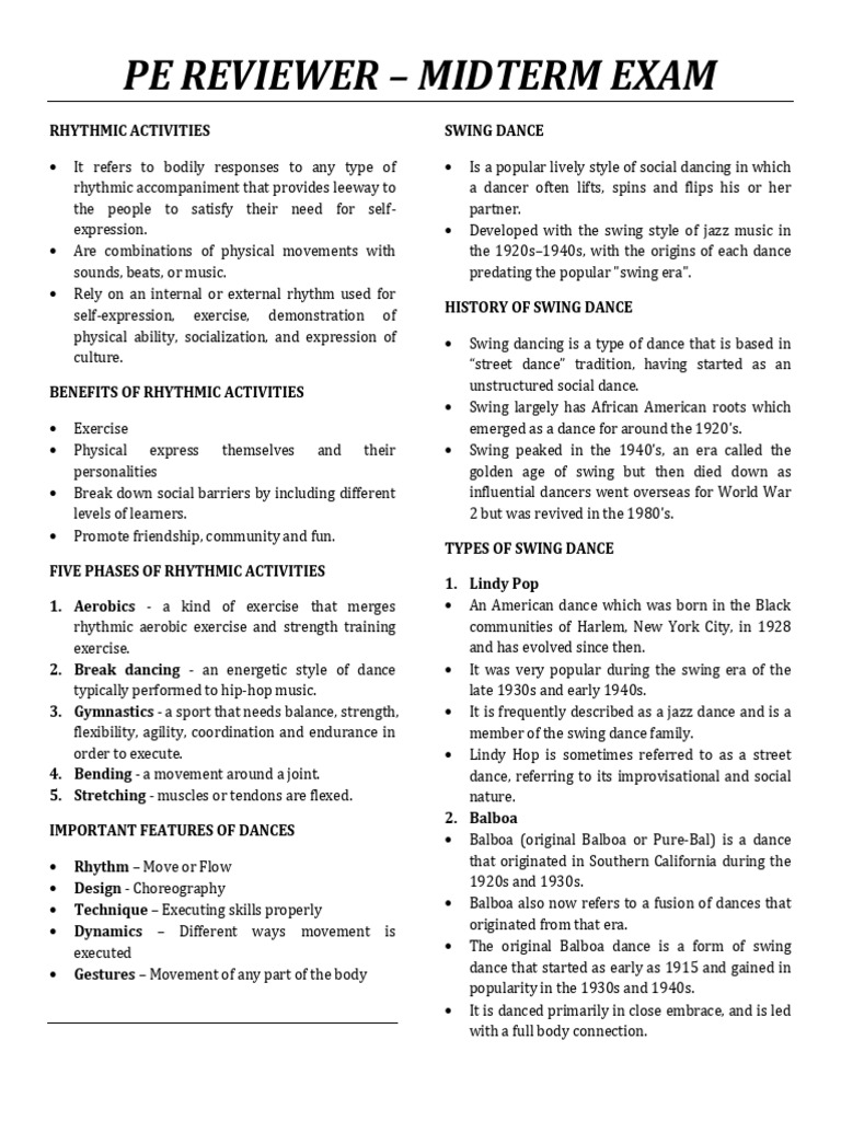 Pe Reviewer Midterm - Finals | PDF | Partner Dance | African American Music