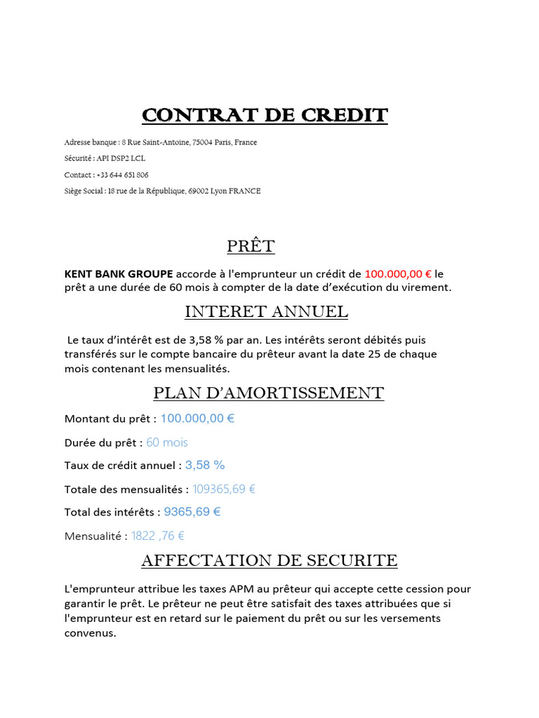 Contrat de Prêt de 100.000 € à Kent Bank | PDF | Prêts | Crédit