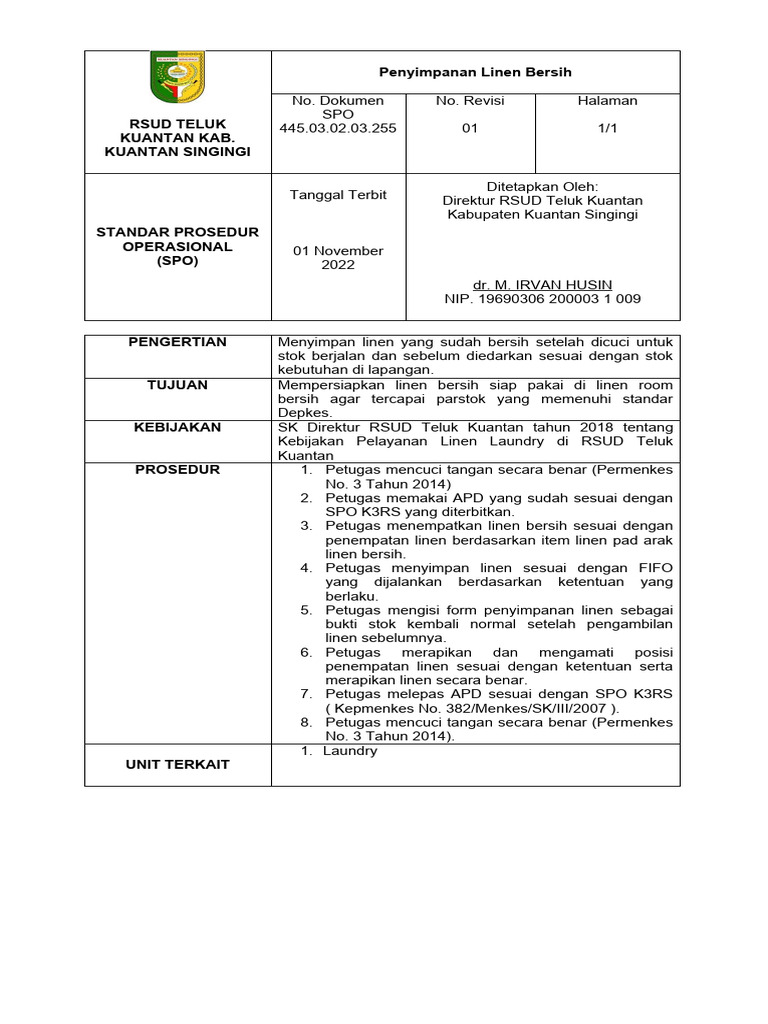 Prosedur Penyimpanan Linen Bersih RSUD | PDF