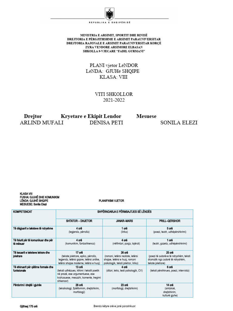 Plani-Vjetor GJ - SH 8 | PDF