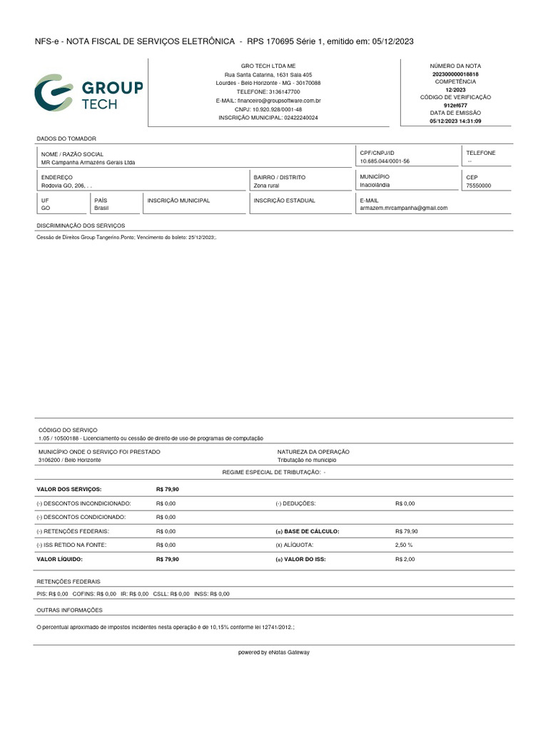 NFS-e - NOTA FISCAL DE SERVIÇOS ELETRÔNICA - RPS 170695 Série 1 ...