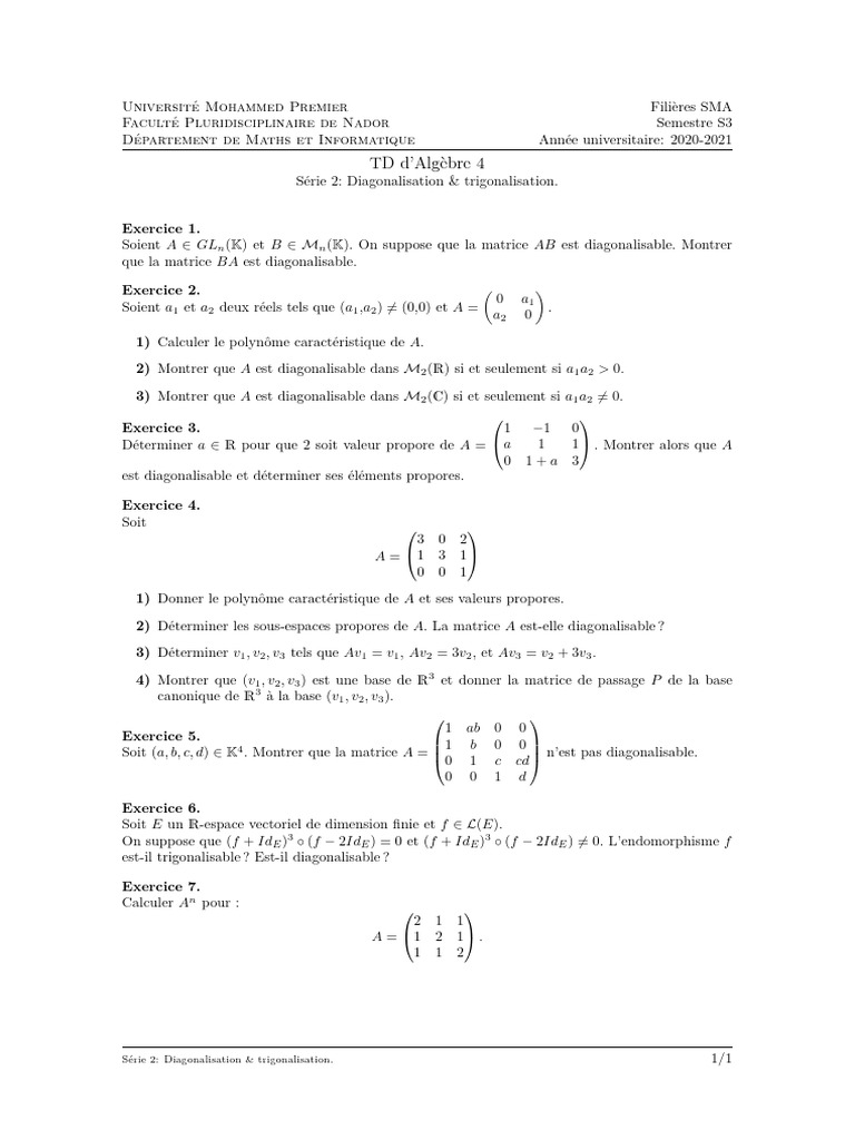 TD d'Algèbre 4 : Diagonalisation & Trigonalisation | PDF | Matrice (Mathématiques) | Mathématiques