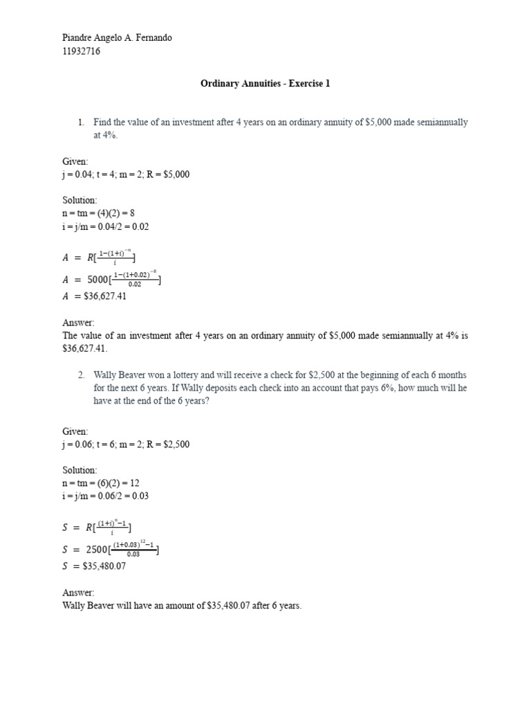 Ordinary Annuities - Exercise 1 | PDF