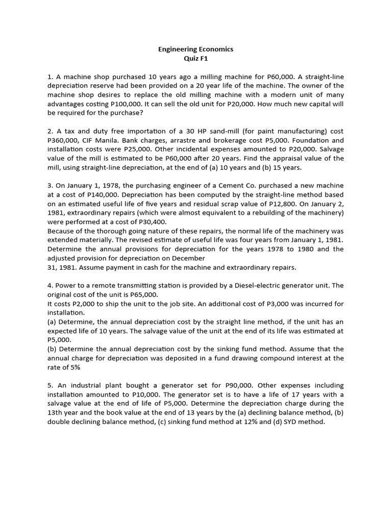 Engineering Economics Quiz F1 | PDF | Depreciation | Financial Services