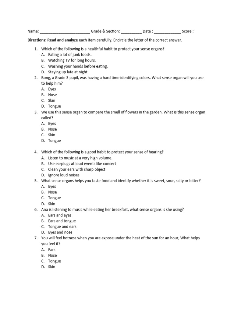 Tos Test Questions | PDF | Plants | Senses
