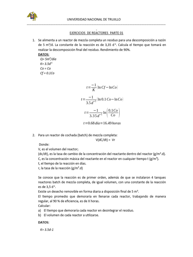 Ejercicios Reactores | PDF | Química | Ciencias fisicas