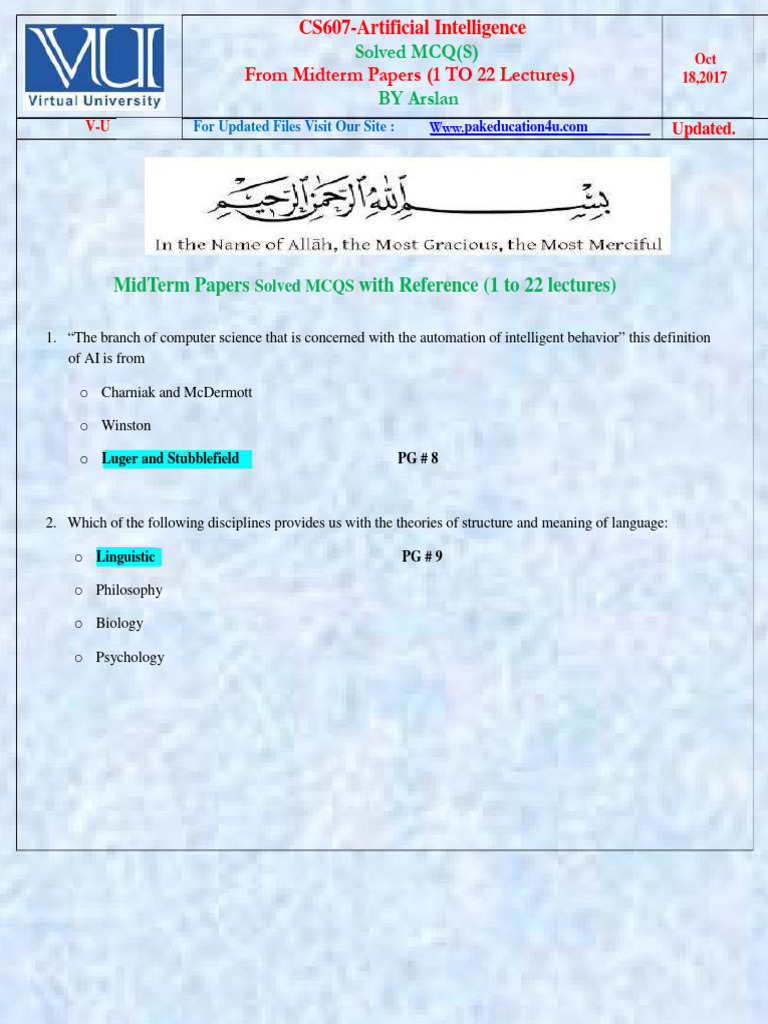 Cs607 Midterm Mcqs With Reference Solved By Arslan 1 Pdf Genetic Algorithm Artificial