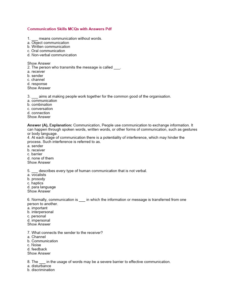 Communication Skills MCQs With Answers PDF | PDF | Communication | Comma
