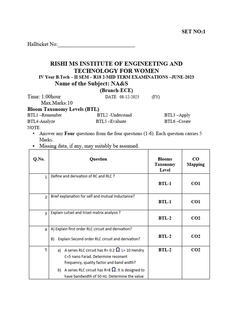 WSN 2 Mid Question Paper | PDF | Resonance | Electronic Circuits