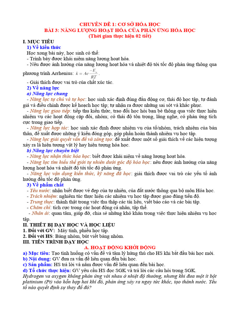 Chuyen de KNTT Bai 3 Nang Luong Hoat Hoa Cua Phan Ung Hoa Hoc | PDF