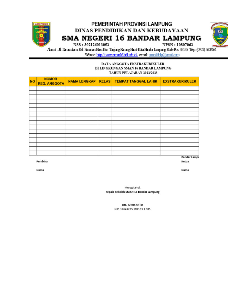 Format Data Anggota Ekstrakurikuler Sman 16 | PDF