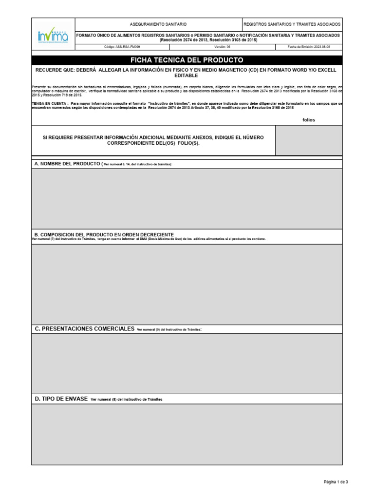 Formato Ficha Tecnica Invima | PDF