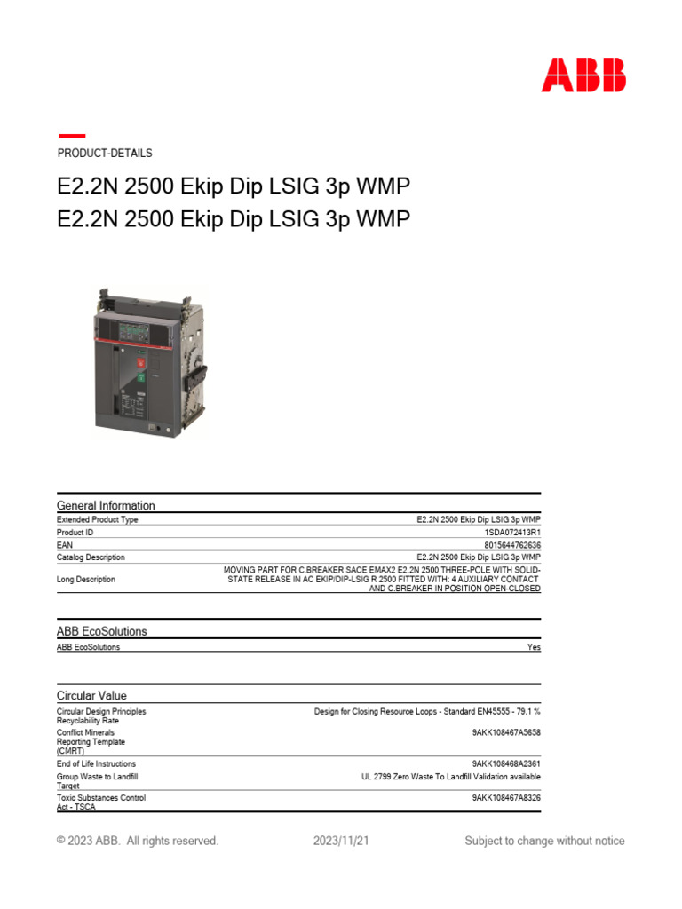 1SDA072413R1 E2 2n 2500 Ekip Dip Lsig 3p WMP | PDF | Electric Power | Electricity