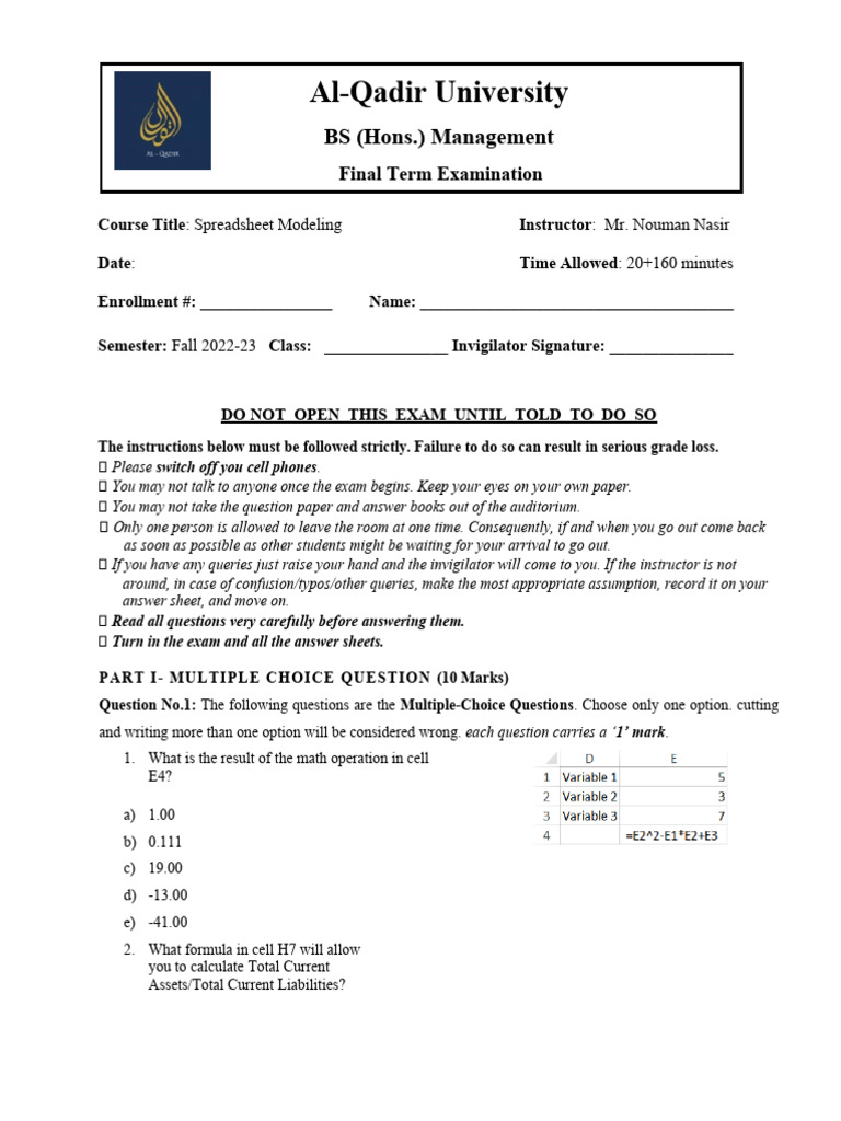 SM Final Exam Fall 2023 | PDF | Multiple Choice