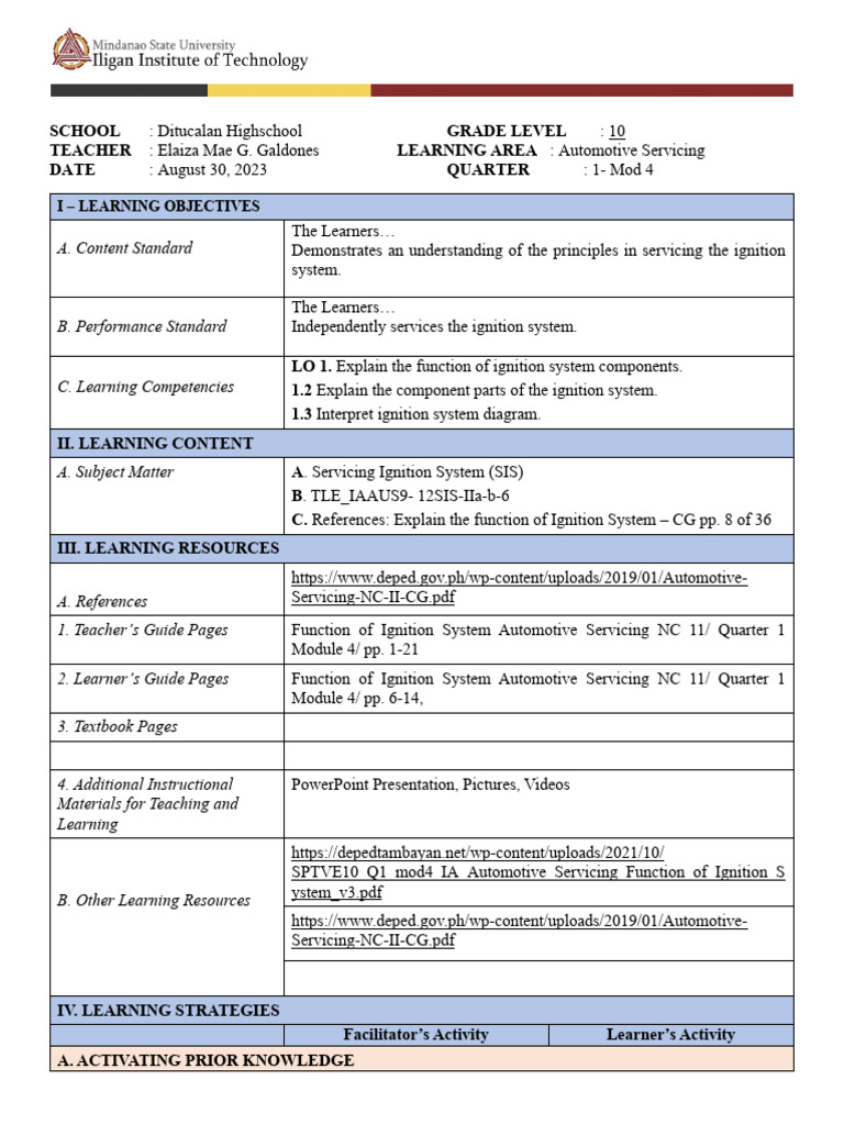 Revised Lesson Plan Ignition System 2 | PDF | Ignition System | Learning