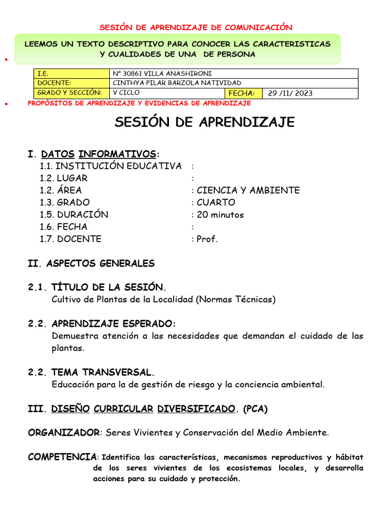 SESION DE APRENDIZAJE Primaria CULTIVO DE PLANTAS | PDF | Aprendizaje | Maestros