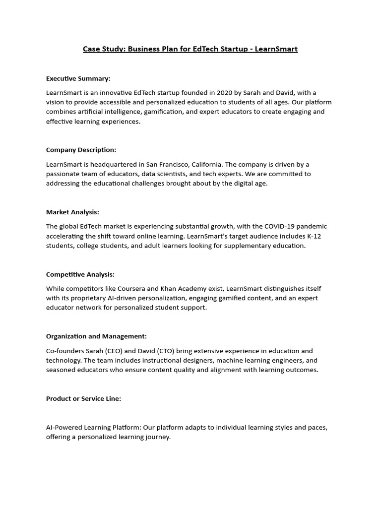 LearnSmart EdTech Business Plan Overview | PDF | Educational Technology ...