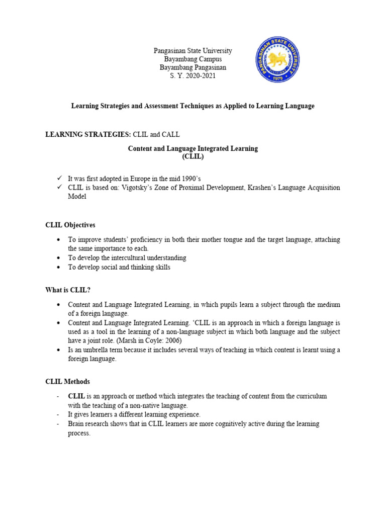 Learning Strategies and Assessment Techniques As Applied To Learning Language | PDF | Learning ...