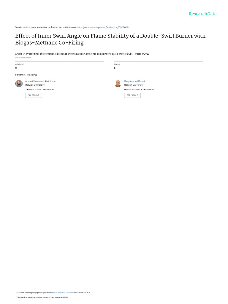 Effect of Inner Swirl Angle On Flame Stability of A Double-Swirl Burner With Biogas-Methane Co ...