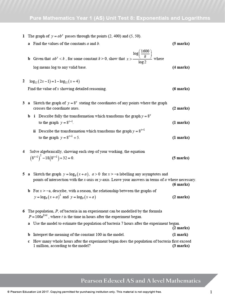 As Pure Unit 8 Exponentials and Logarithms QP | PDF | Logarithm | Exponential Function