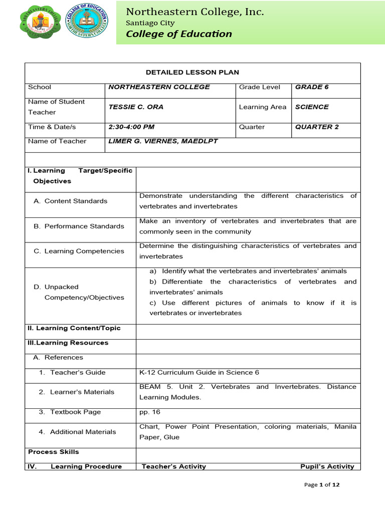 Grade 6 Lesson Plan: Vertebrates vs Invertebrates | PDF | Nervous ...