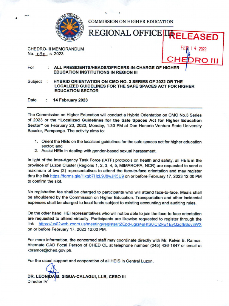 CHEDRO III MEMORANDUM No. 020 Series of 2023 | PDF