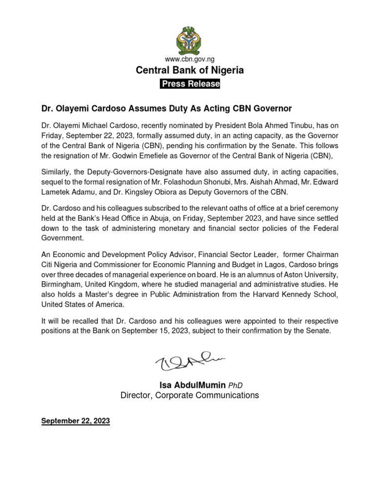 CBN Press Release Cardoso Assumes Office | PDF