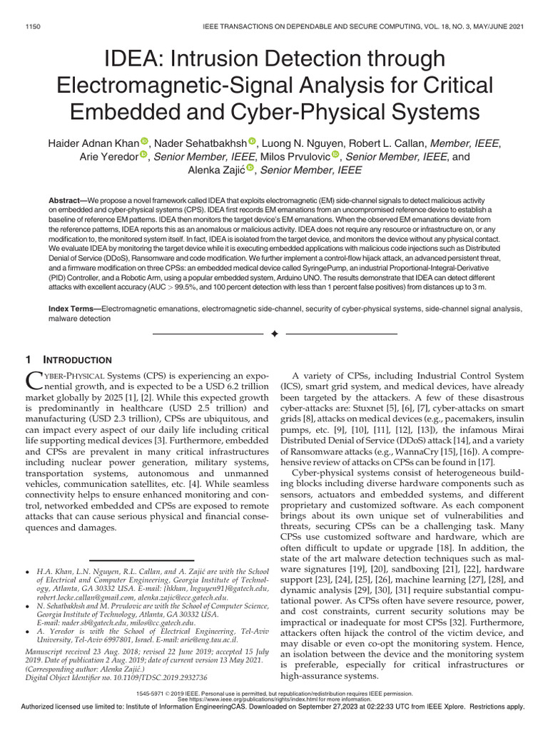 IDEA: Intrusion Detection Through Electromagnetic-Signal Analysis For Critical Embedded and ...
