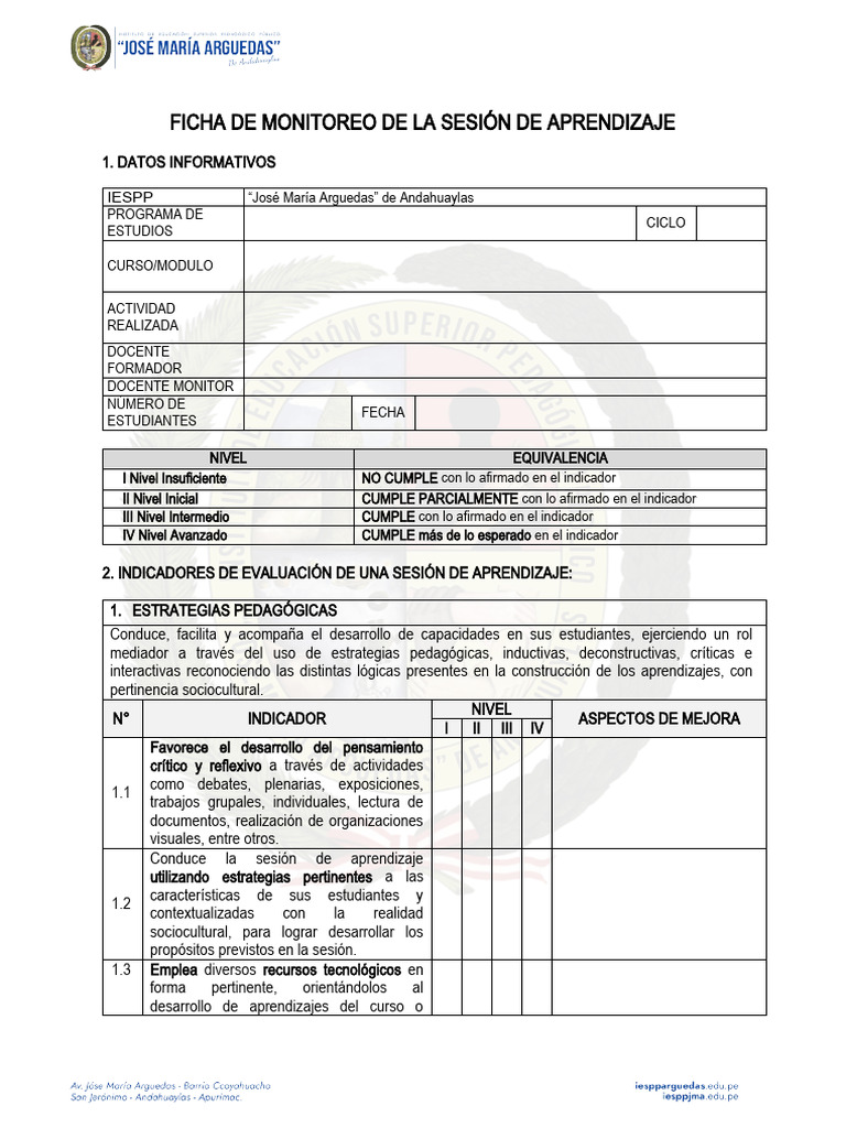Ficha de Monitoreo Docente 2023 Modificado | Descargar gratis PDF | Aprendizaje | Evaluación