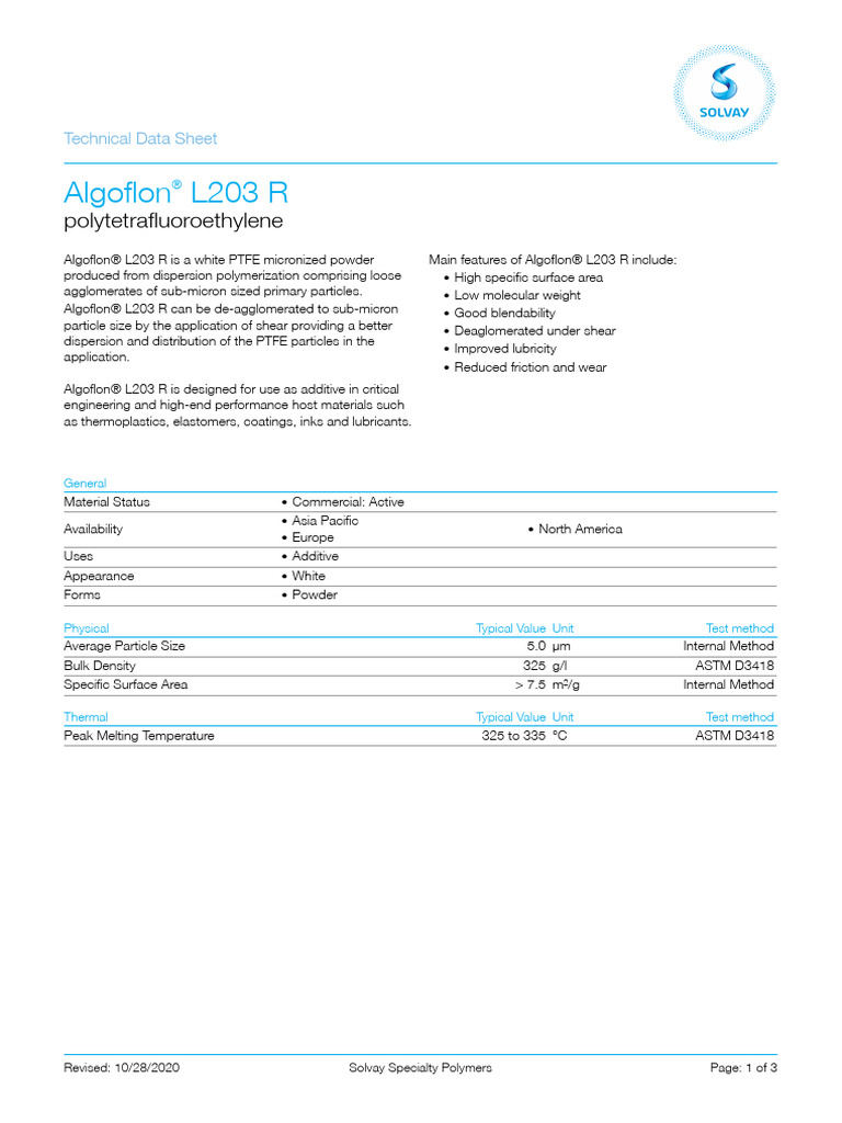 Solvay - Algoflon L203R | PDF | Thermoplastic | Chemical Substances