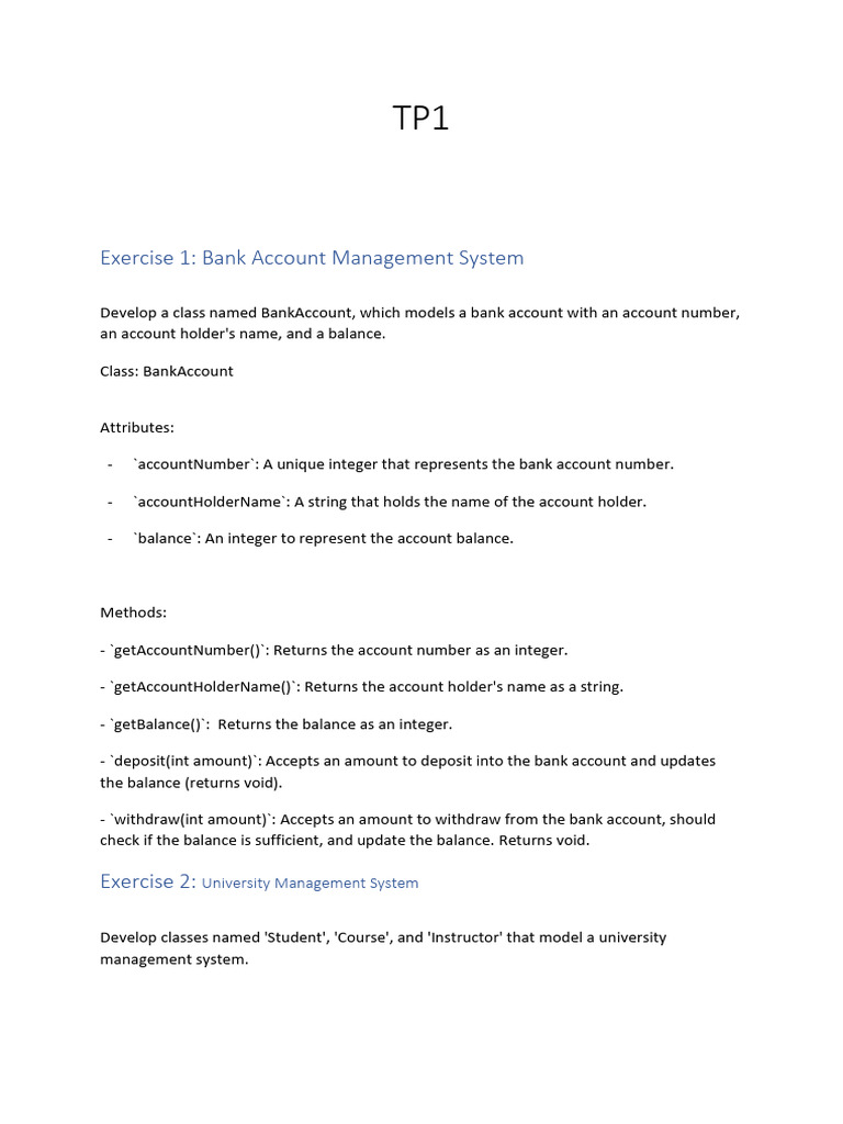 Exercise 1: Bank Account Management System | PDF | Constructor (Object ...