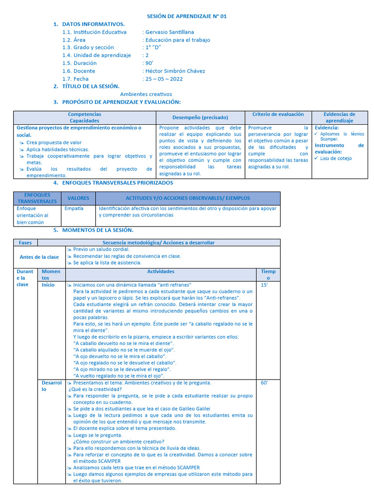 Sesión 1-EPT-1°-D | PDF | Evaluación | Aprendizaje