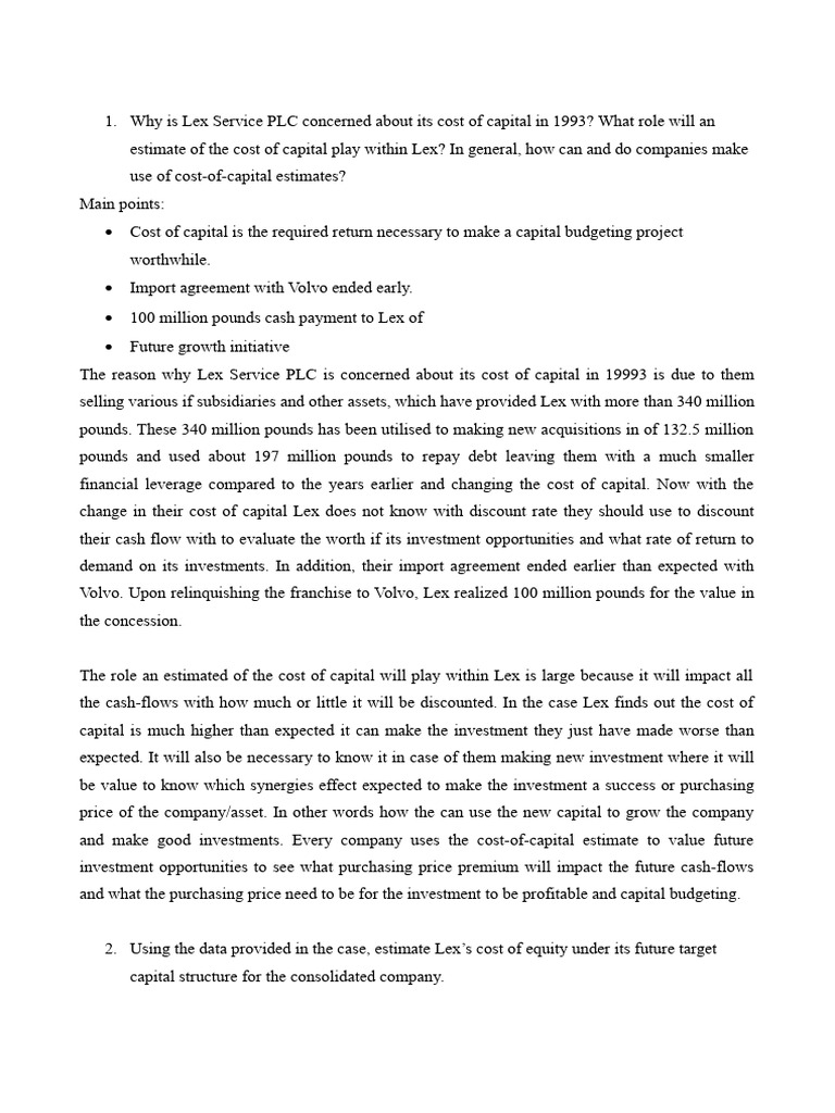 Lex Service PLC - Cost of Capital - Case 3 | PDF | Cost Of Capital ...