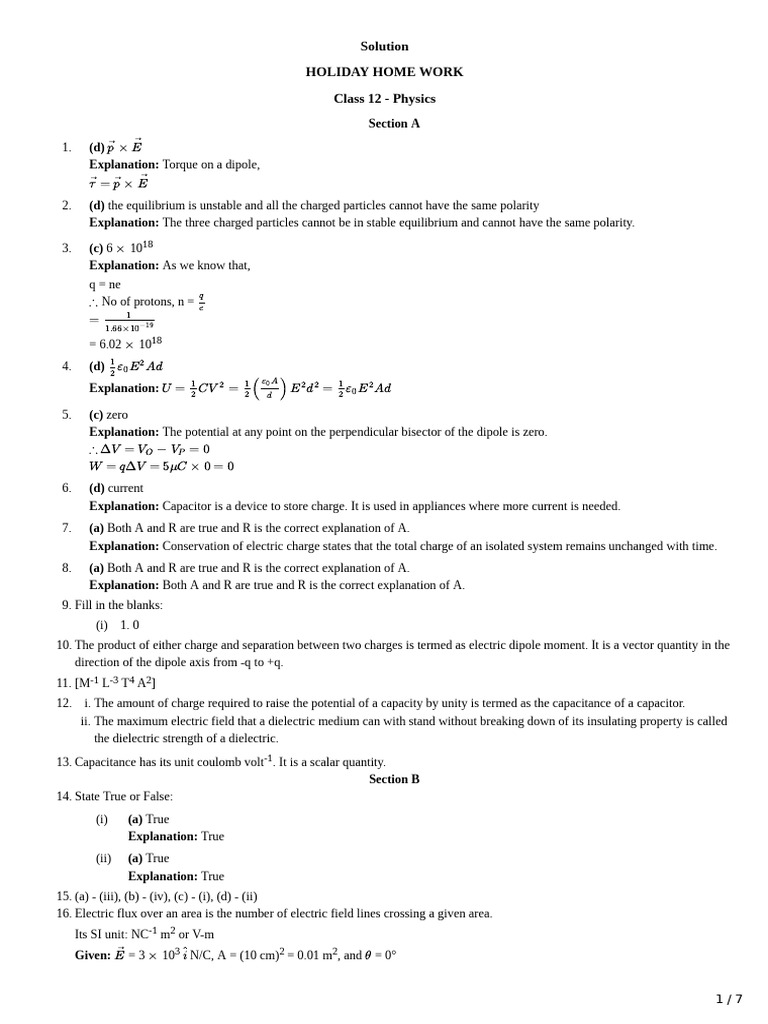 Class 12 Physics Holiday Homework | PDF | Capacitor | Capacitance