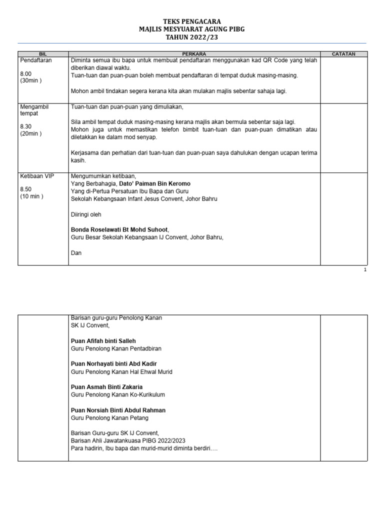 Teks Pengacara Majlis Mesyuarat Agung Pibg 2023 | PDF
