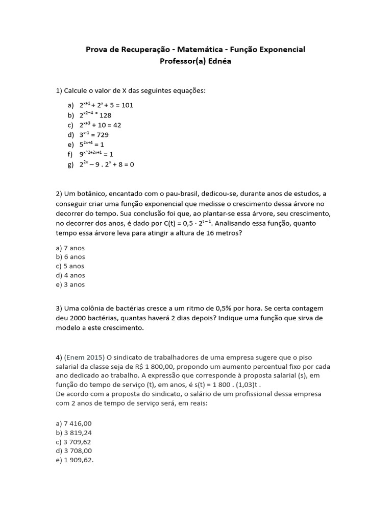 Cópia De Prova Recuperação De Matematica Tutoria Pdf