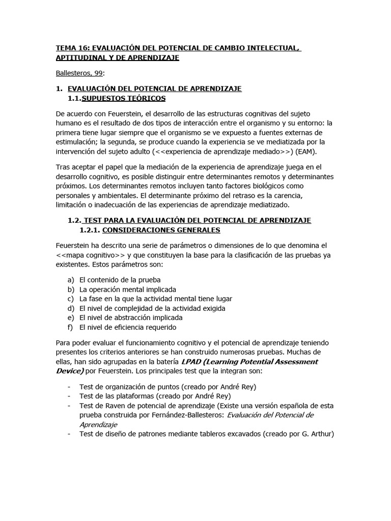 Tema 16. Evaluación Del Potencial de Cambio Intelectual, Aptitudinal y ...